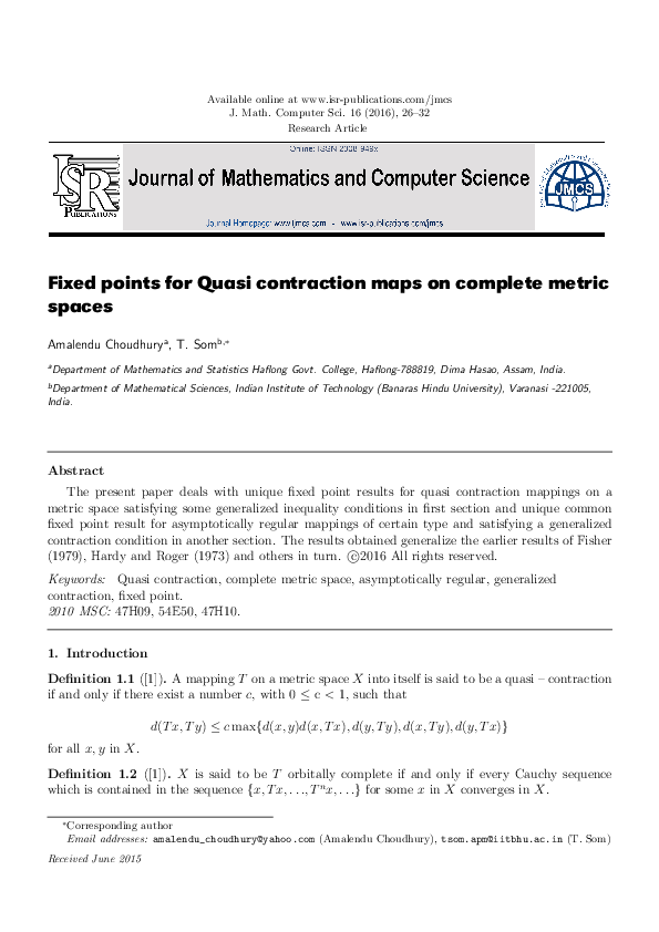 Pdf Fixed Points For Quasi Contraction Maps On Complete Metric Spaces