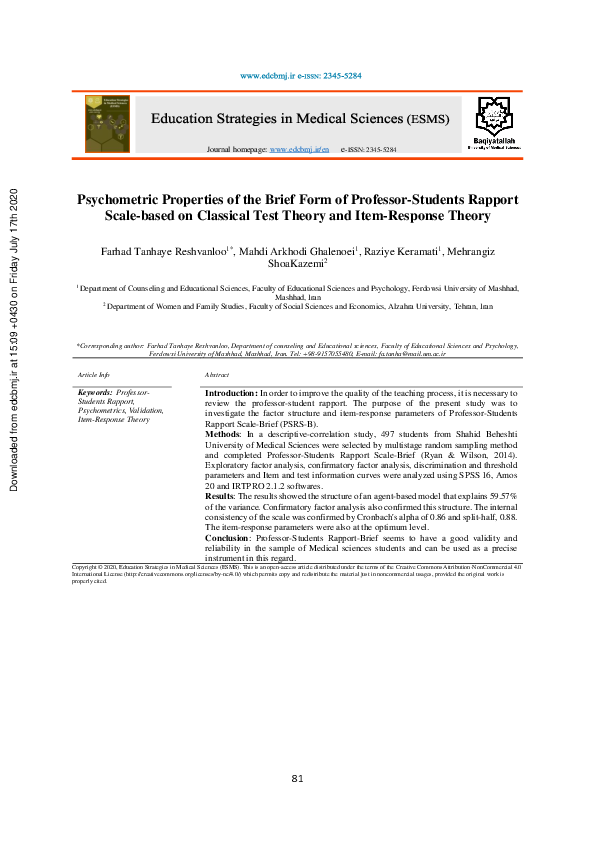 (PDF) Rapport Students -Professor of Form Brief the of Properties Psychometric Theory Response ...