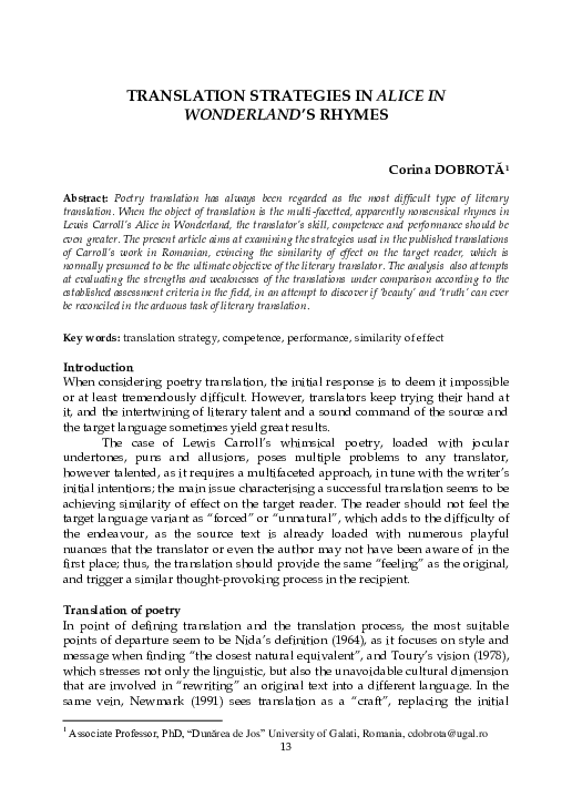 (PDF) Translation Strategies in Alice in Wonderland's Rhymes
