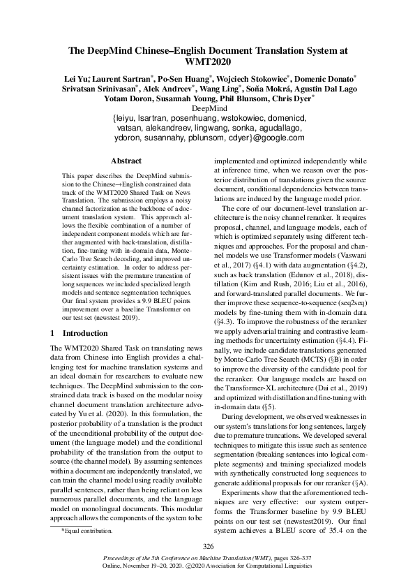 (PDF) The DeepMind Chinese–English Document Translation System at WMT2020