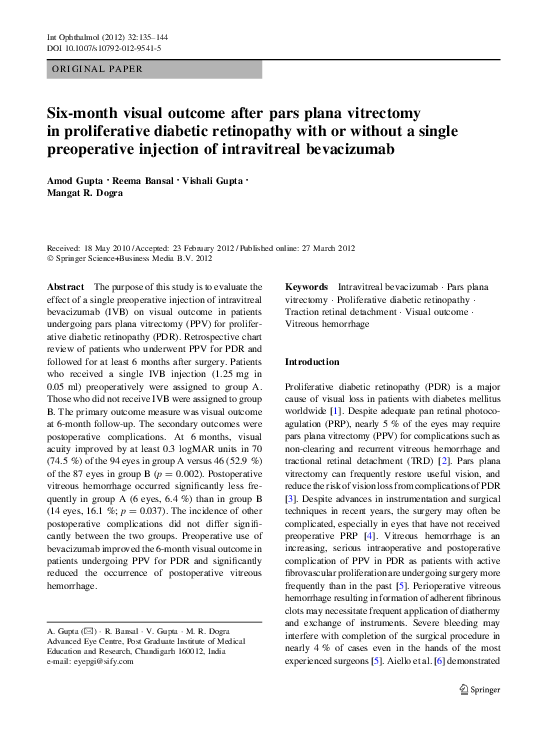 (PDF) Six-month visual outcome after pars plana vitrectomy in ...
