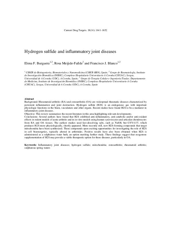 (PDF) Hydrogen Sulfide and Inflammatory Joint Diseases