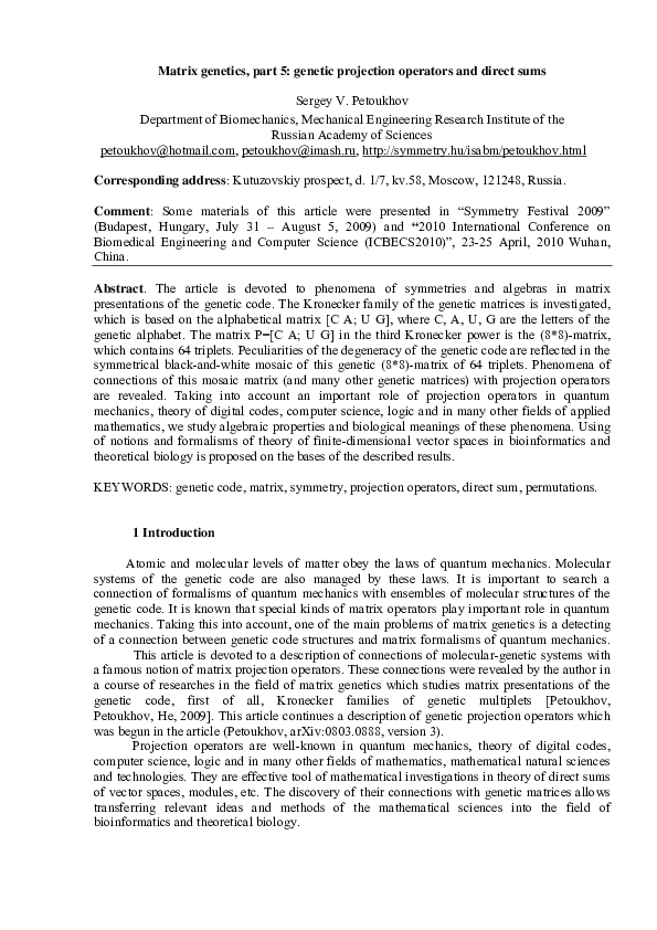 (PDF) Matrix genetics, part 5: genetic projection operators and direct sums