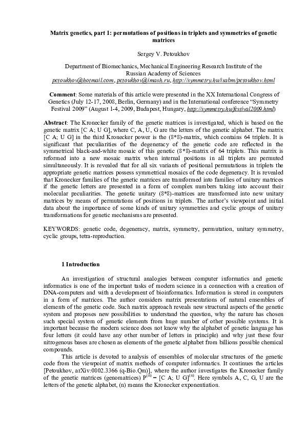 (PDF) Matrix genetics, part 1: permutations of positions in triplets ...
