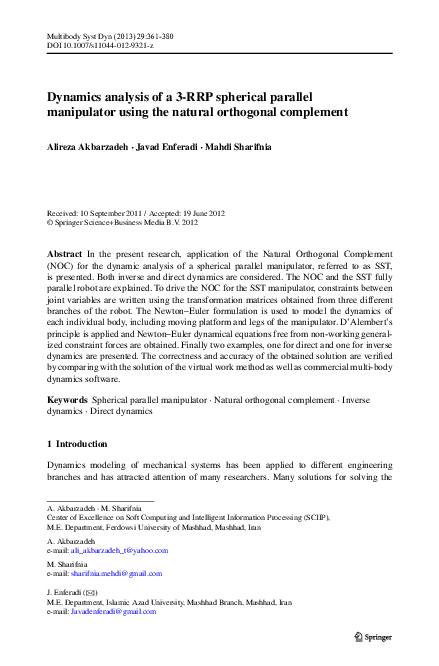 (PDF) Dynamics analysis of a 3-RRP spherical parallel manipulator using ...