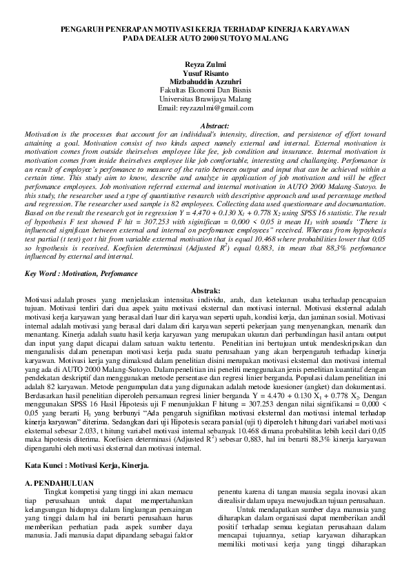 (PDF) Pengaruh Penerapan Motivasi Kerja Terhadap Kinerja Karyawan Pada ...