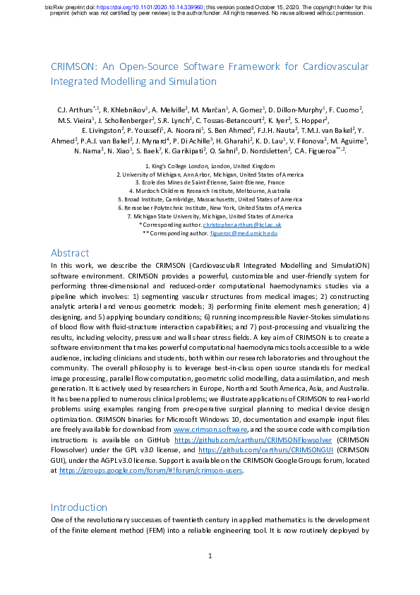 (PDF) CRIMSON: An Open-Source Software Framework for Cardiovascular Integrated Modelling and ...