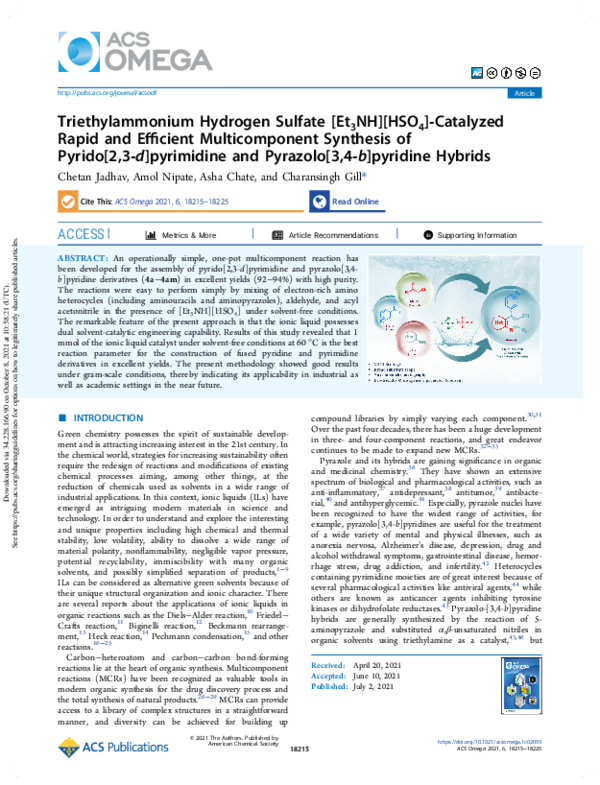 (PDF) Triethylammonium Hydrogen Sulfate [Et3NH][HSO4]-Catalyzed Rapid ...