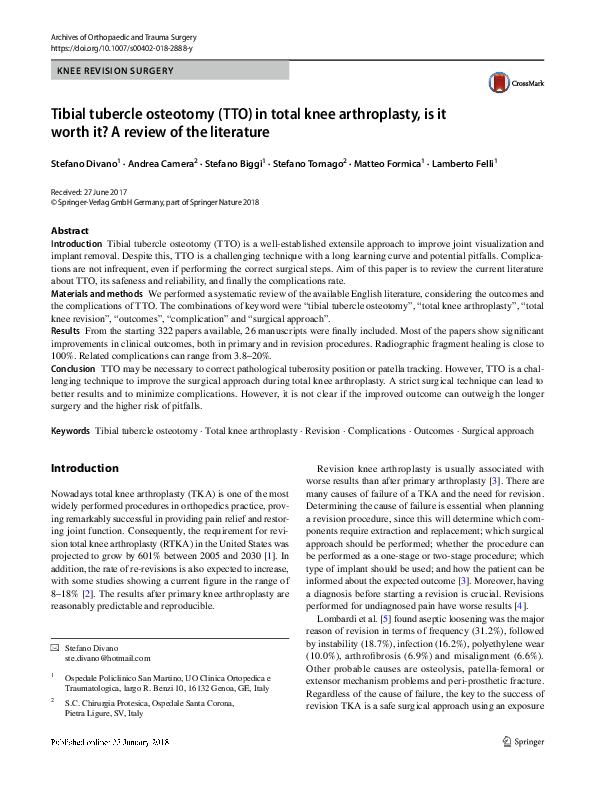 (PDF) Tibial tubercle osteotomy (TTO) in total knee arthroplasty, is it ...