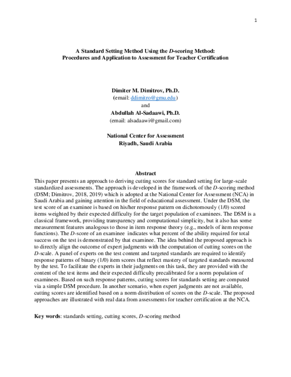 (PDF) A Standard Setting Method Using the D-scoring Method: Procedures ...