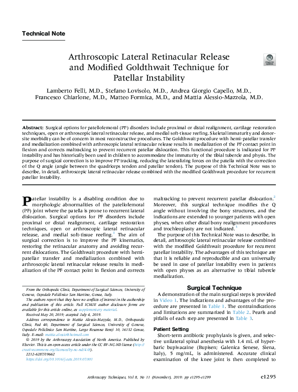 (PDF) Arthroscopic Lateral Retinacular Release and Modified Goldthwait ...