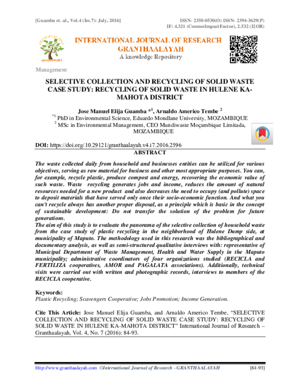 (PDF) Selective Collection and Recycling of Solid Waste Case Study ...