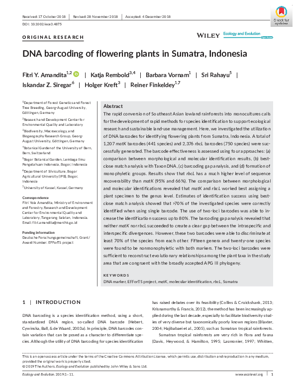 (PDF) DNA barcoding of flowering plants in Sumatra, Indonesia