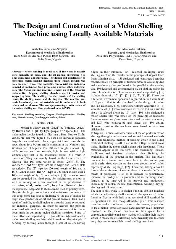 (PDF) The Design and Construction of a Melon Shelling Machine using ...