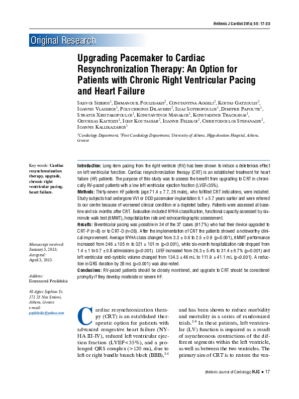 (PDF) Upgrading pacemaker to cardiac resynchronization therapy: an ...