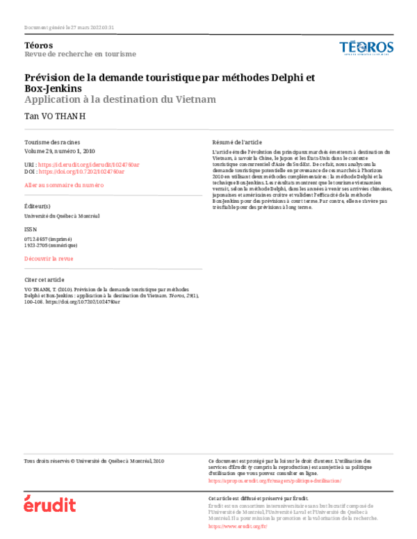 (PDF) Prévision de la demande touristique par méthodes Delphi et Box ...