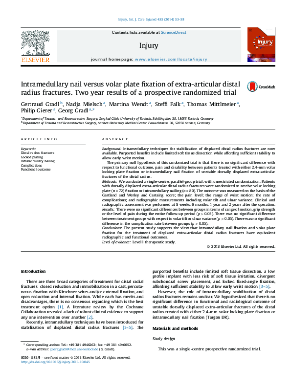 (PDF) Intramedullary nail versus volar plate fixation of extra-articular distal radius fractures ...
