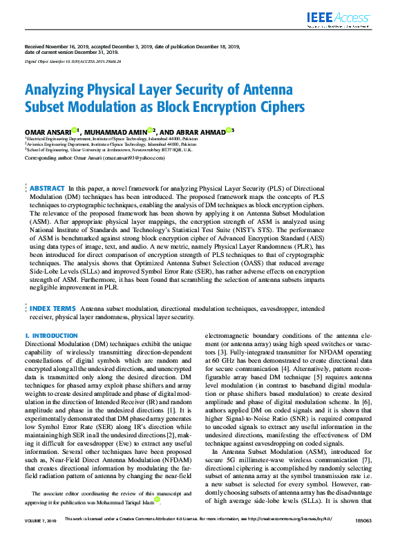 (PDF) Analyzing Physical Layer Security of Antenna Subset Modulation as Block Encryption Ciphers