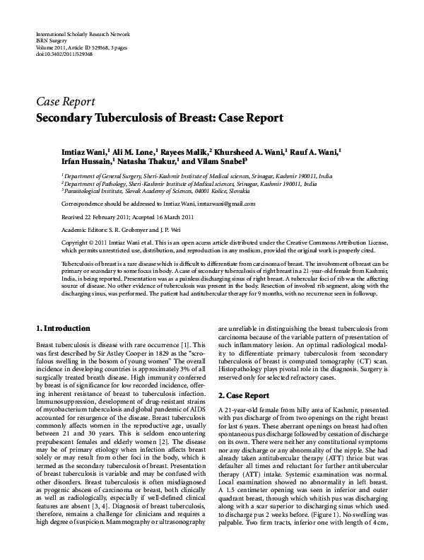 (PDF) Secondary Tuberculosis of Breast: Case Report