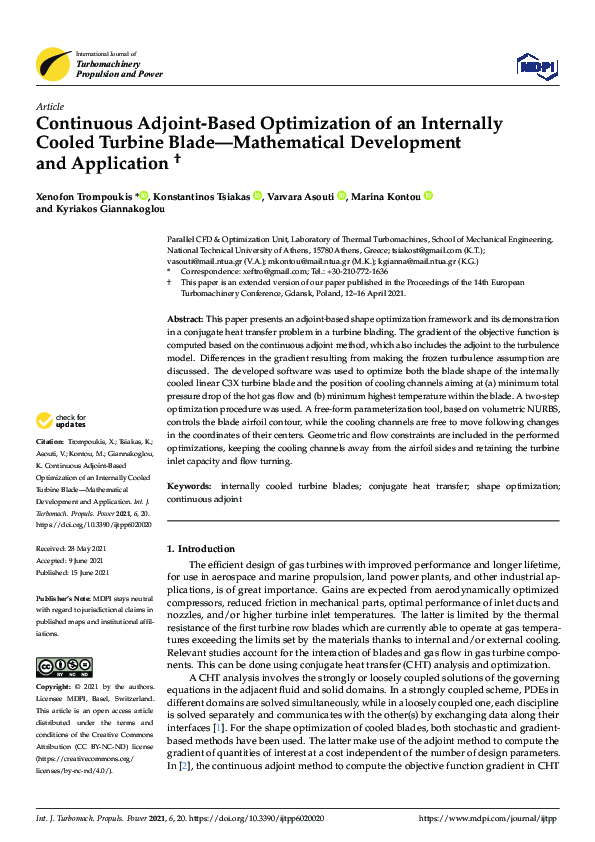 (PDF) Continuous Adjoint-Based Optimization of an Internally Cooled Turbine Blade—Mathematical ...