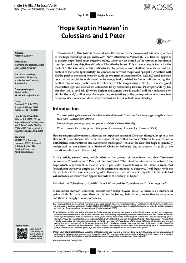 (PDF) ‘Hope Kept in Heaven’ in Colossians and 1 Peter