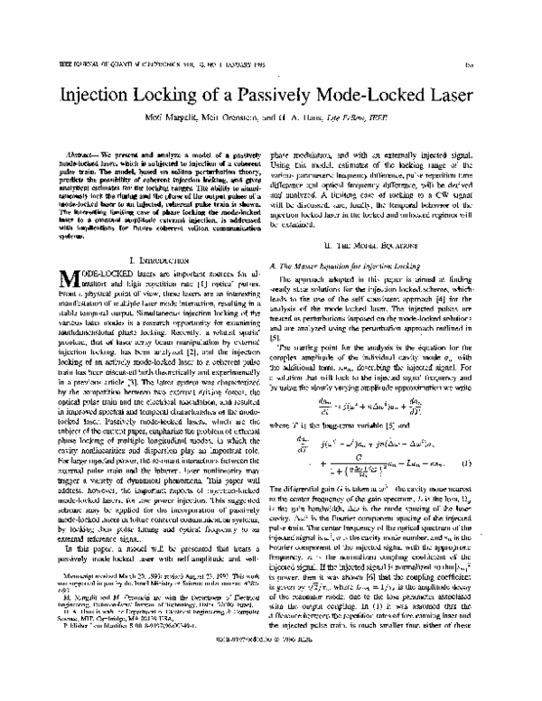 (PDF) Injection locking of a passively mode-locked laser