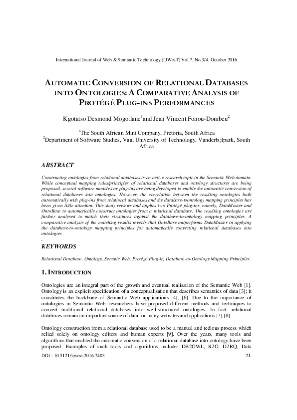 (PDF) Automatic Conversion of Relational Databases into Ontologies: A Comparative Analysis of ...