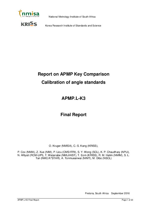 (PDF) Report on APMP key comparison: calibration of angle standards
