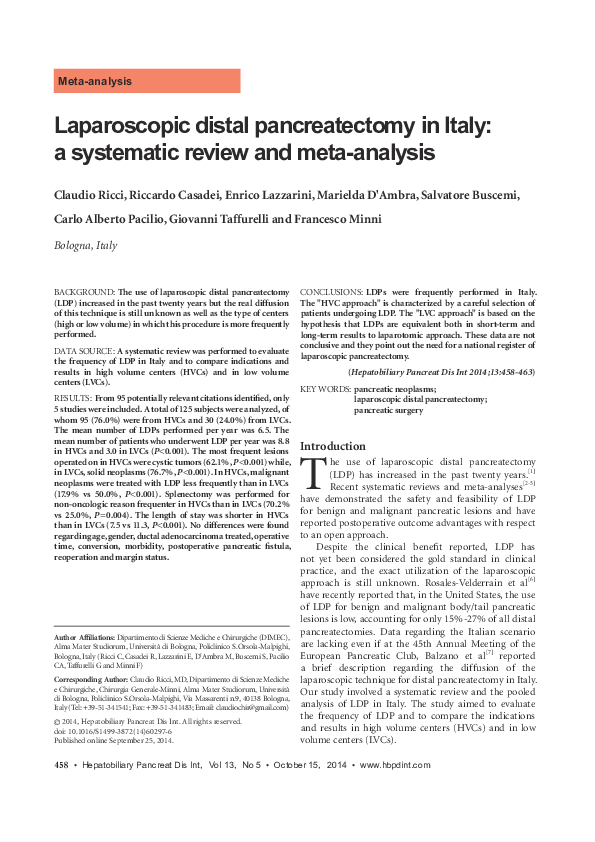 (PDF) Laparoscopic distal pancreatectomy in Italy: A systematic review and meta-analysis ...