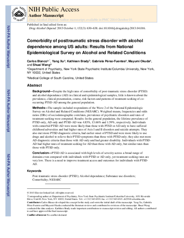(PDF) Comorbidity of posttraumatic stress disorder with alcohol dependence among US adults ...