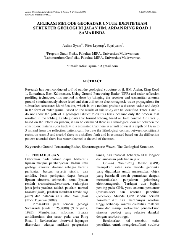 (PDF) Aplikasi Metode Georadar Untuk Identifikasi Struktur Geologi DI Jalan Hm. Ardan Ring Road ...