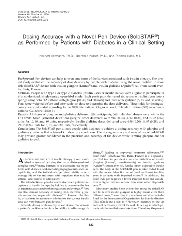 (PDF) Dosing accuracy with a novel pen device (SoloSTAR) as performed ...