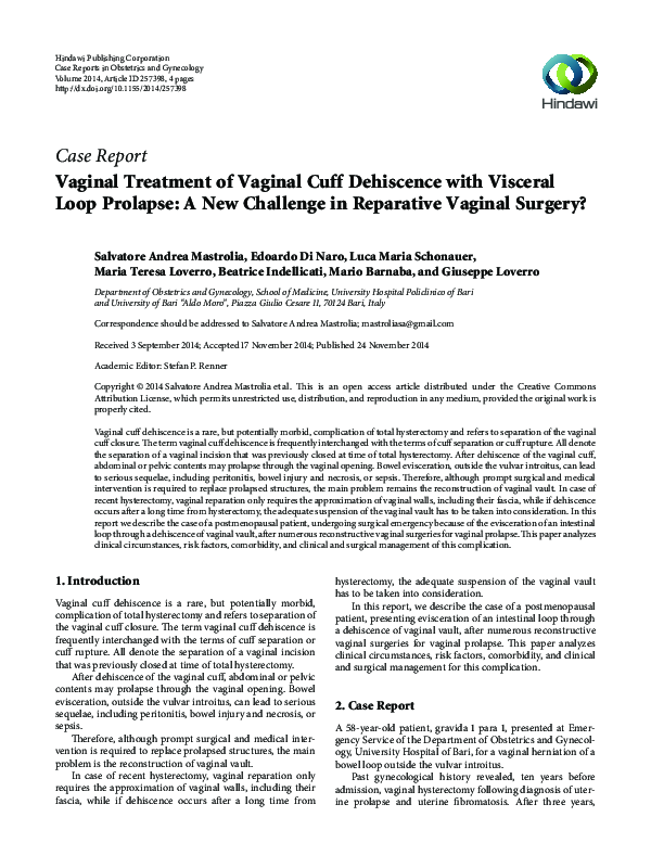 (PDF) Vaginal Treatment of Vaginal Cuff Dehiscence with Visceral Loop ...