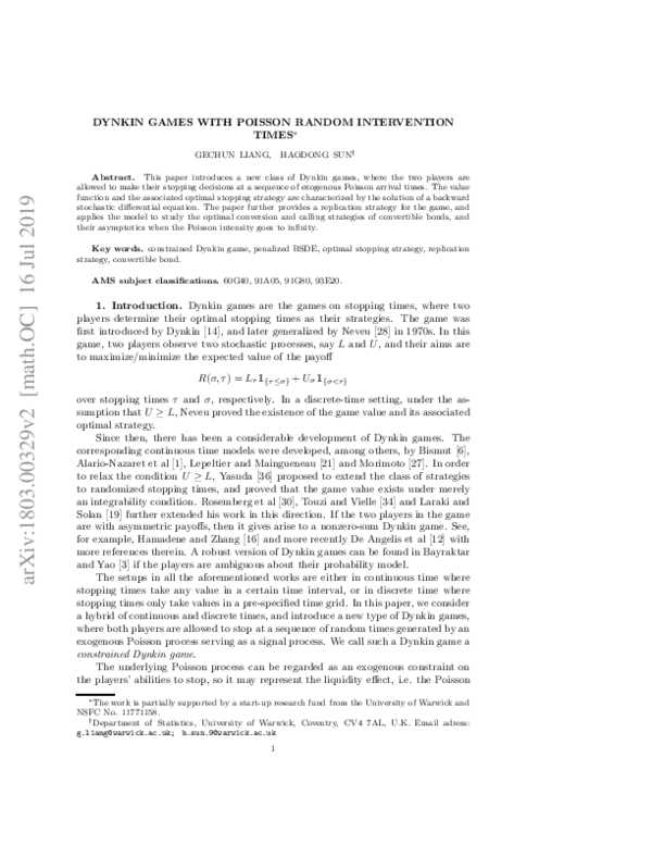 (PDF) O C ] 1 M ar 2 01 8 Dynkin games with Poisson random intervention ...