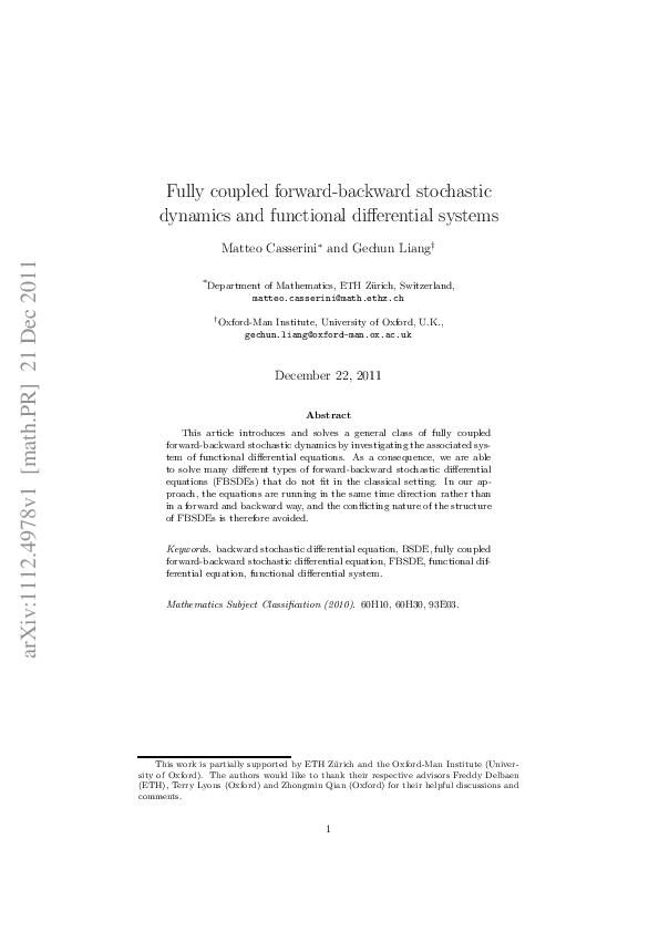 Pdf Fully Coupled Forward Backward Stochastic Dynamics And Functional Differential Systems