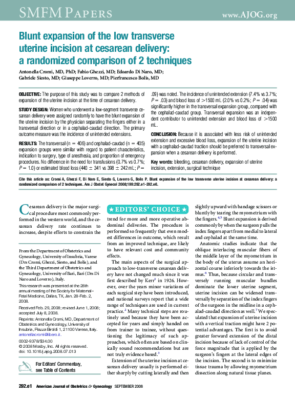 (PDF) Blunt expansion of the low transverse uterine incision at ...