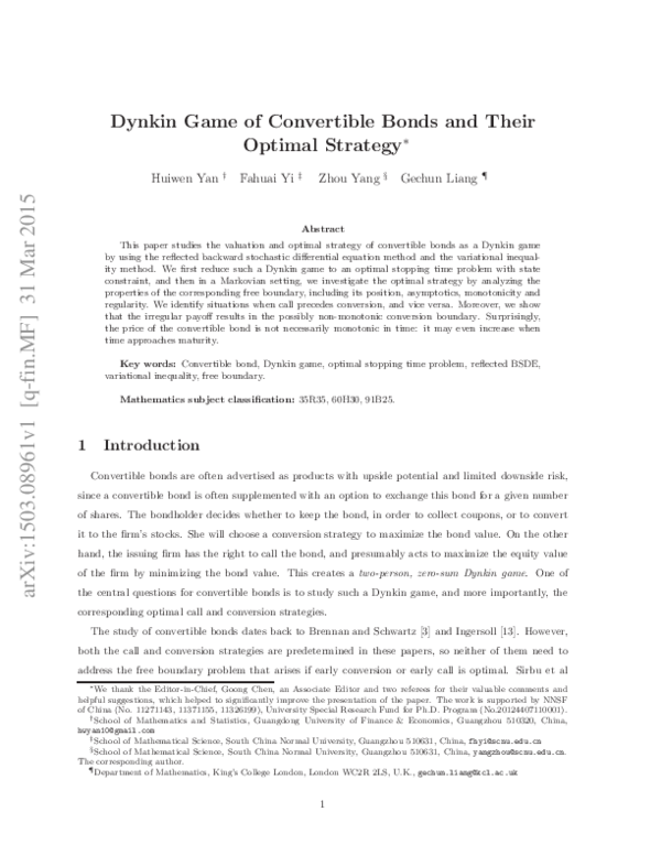 (PDF) Dynkin game of convertible bonds and their optimal strategy