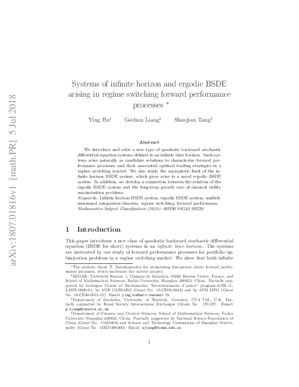 (PDF) Systems of ergodic BSDE arising in regime switching forward performance processes