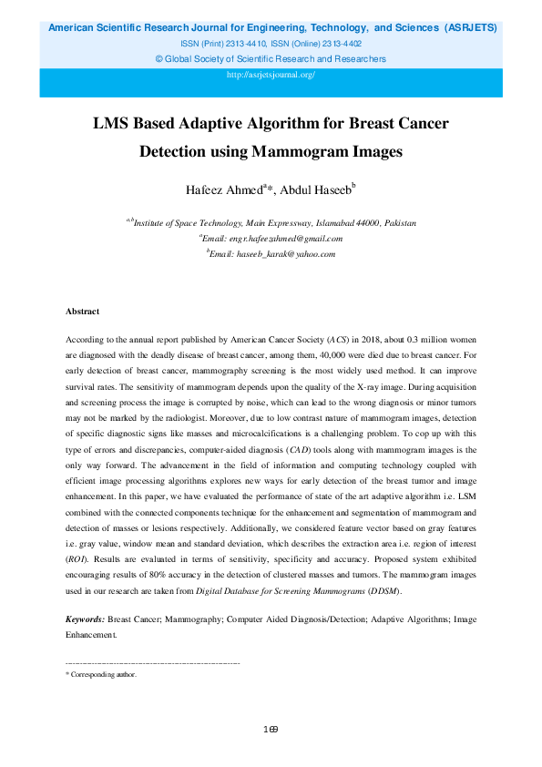 (PDF) LMS Based Adaptive Algorithm for Breast Cancer Detection using Mammogram Images