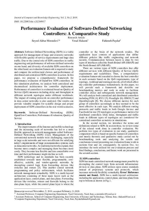 (PDF) Performance Evaluation of Software-Defined Networking Controllers: A Comparative Study