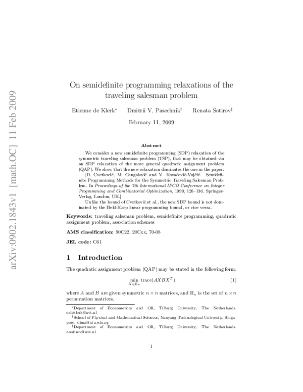 Pdf On Semidefinite Programming Relaxations Of The Traveling Salesman Problem Renata Sotirov