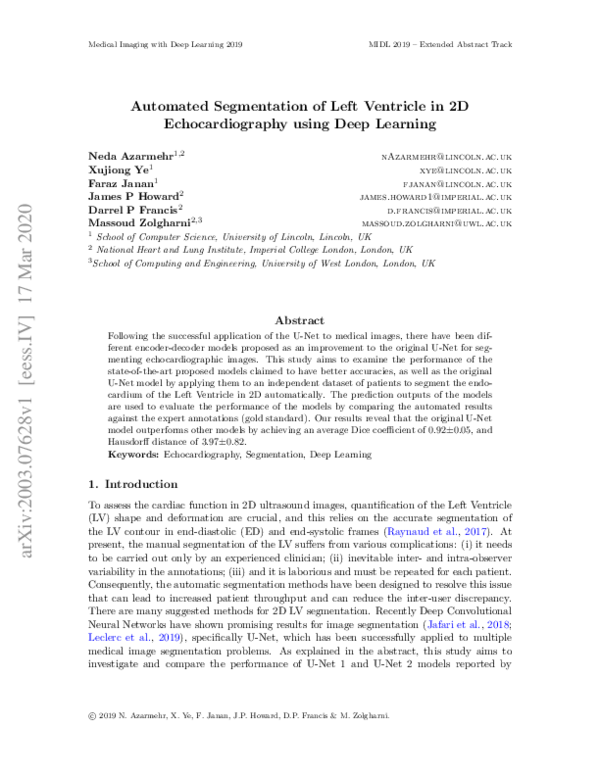 (PDF) Automated Segmentation of Left Ventricle in 2D echocardiography using deep learning