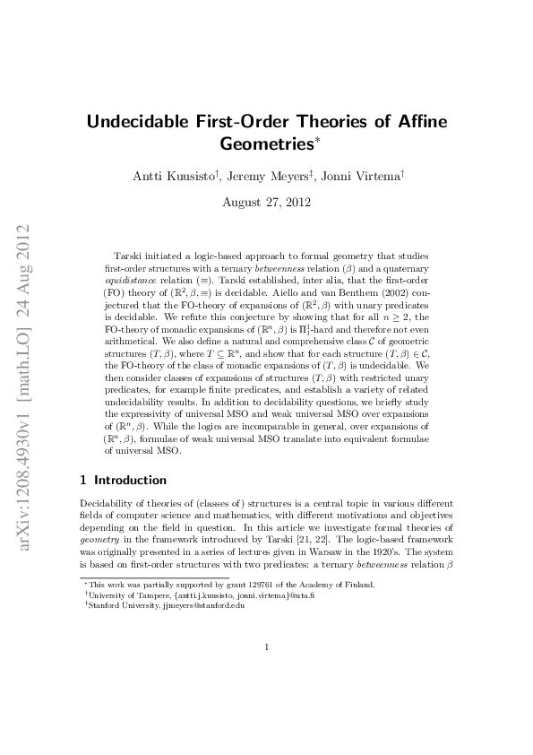 (PDF) Undecidable First-Order Theories of Affine Geometries | walter ...