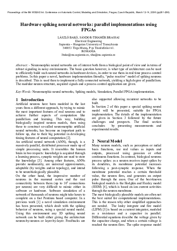 Pdf Hardware Spiking Neural Networks Parallel Implementations Using