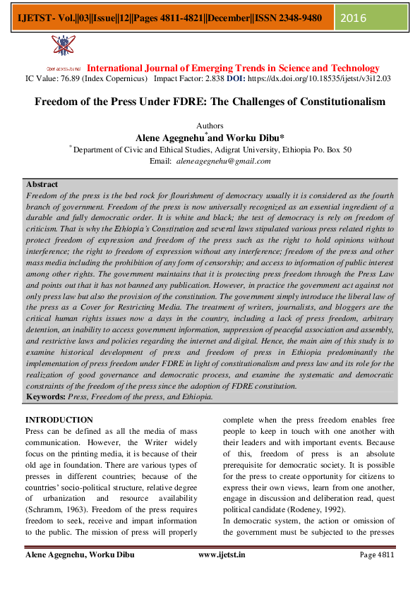 (PDF) Freedom of the Press Under FDRE: The Challenges of Constitutionalism