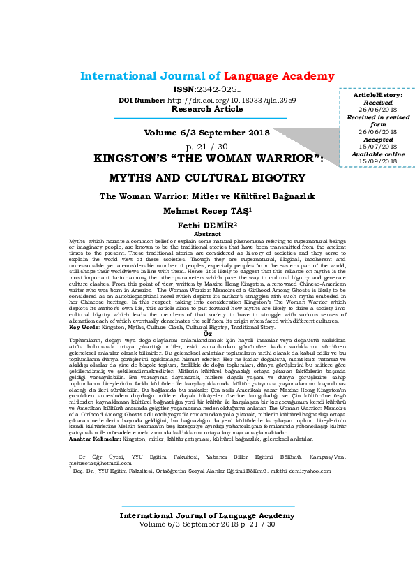 (PDF) Kingston's "The Woman Warrior": Myths and Cultural Bigotry