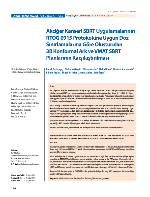 (PDF) Akciğer Kanseri SBRT Uygulamalarının RTOG 0915 Protokolüne Uygun ...