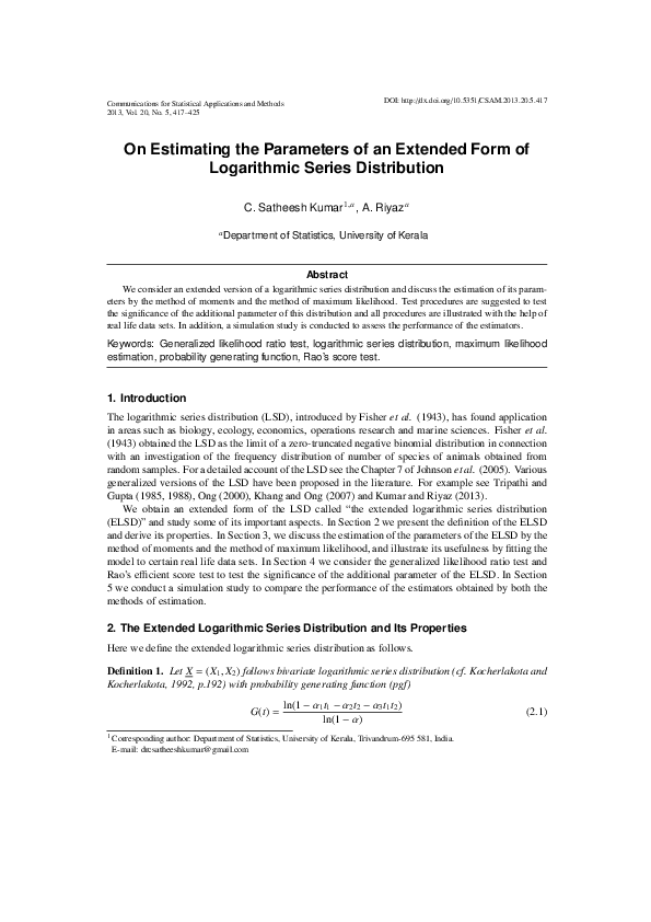 Pdf On Estimating The Parameters Of An Extended Form Of Logarithmic