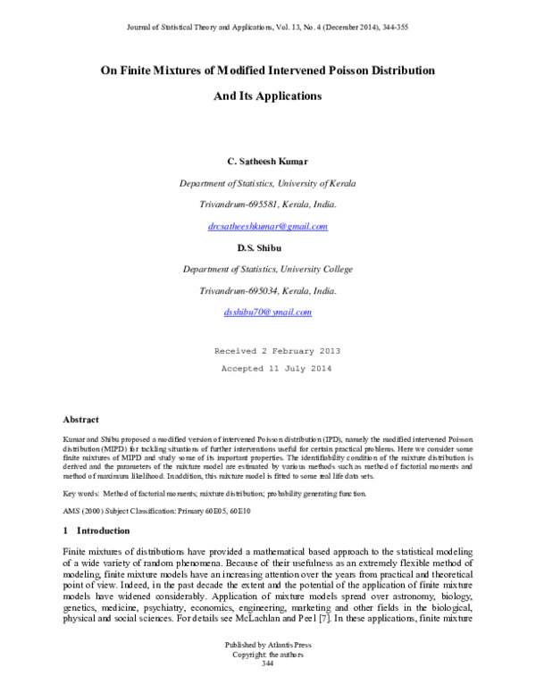 Pdf On Finite Mixtures Of Modified Intervened Poisson Distribution And Its Applications
