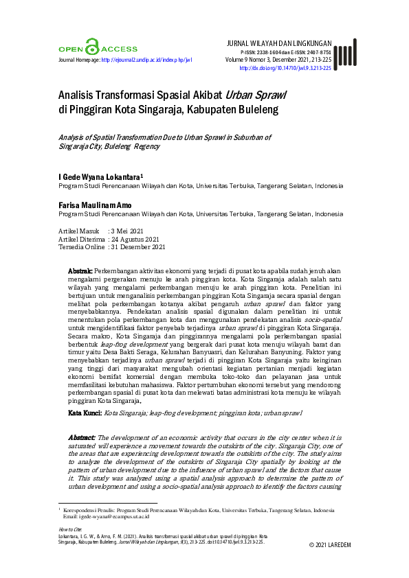 (PDF) Analisis Transformasi Spasial Akibat Urban Sprawl di Pinggiran Kota Singaraja, Kabupaten ...